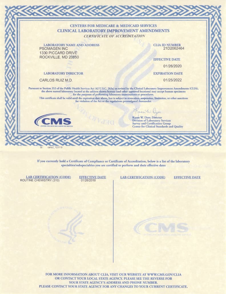 CAP/CLIA Certifications | Psomagen